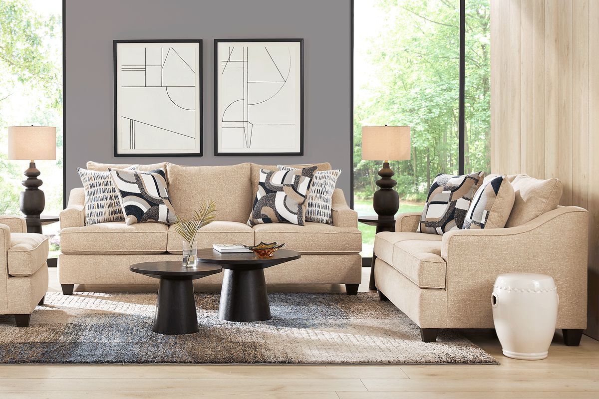 Riley 3 Pc Beige Chenille Fabric Living Room Set With Sofa, Loveseat ...