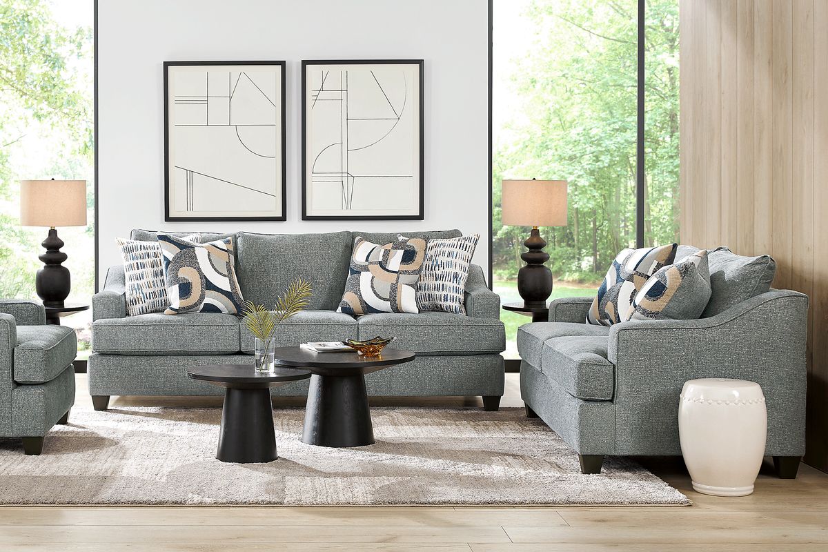 Riley 5 Pc Blue Chenille Fabric Living Room Set With Sofa, Loveseat ...