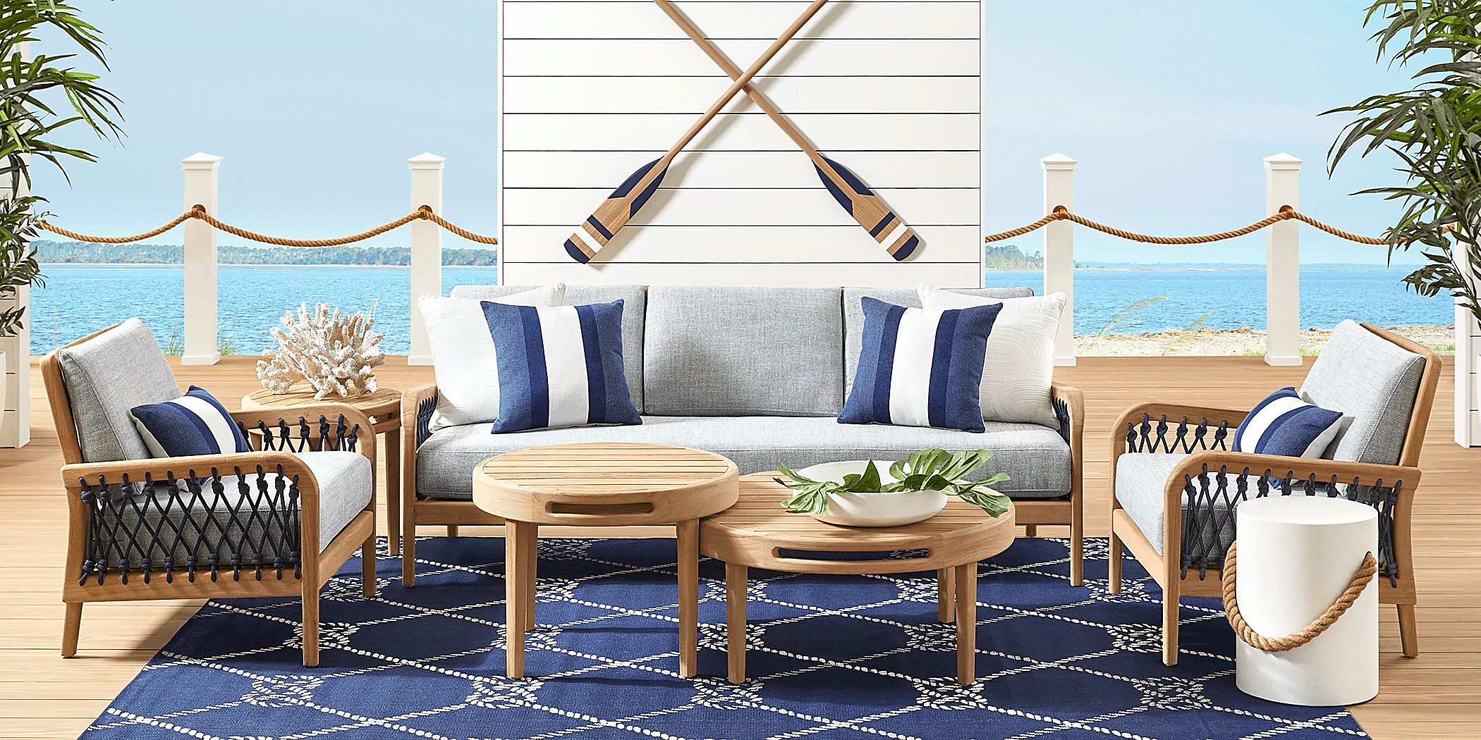 Riva 5 Pc Blonde Light Wood Slate Gray Teak Outdoor Seating Set With ...
