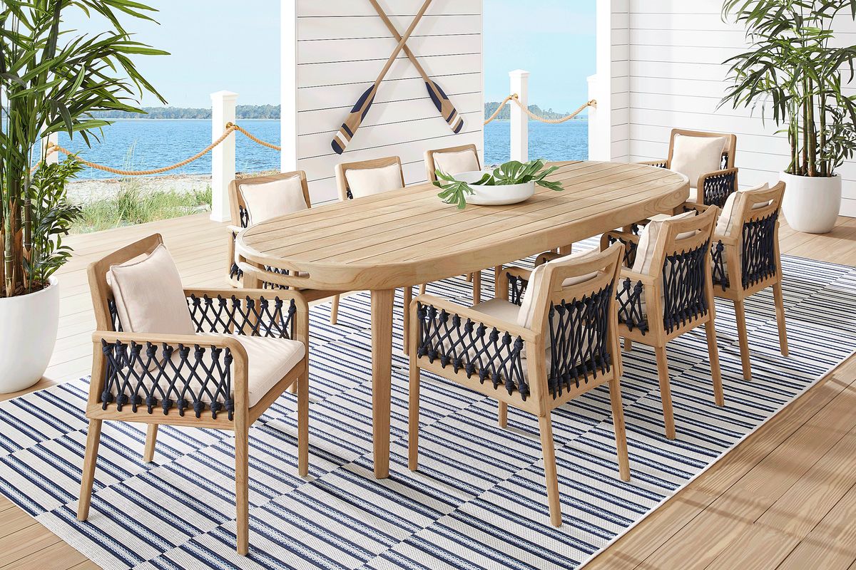 Riva 7 Pc Blonde Light Wood Flax Beige Teak Outdoor Dining Set With Dining Table, Arm Chair ...