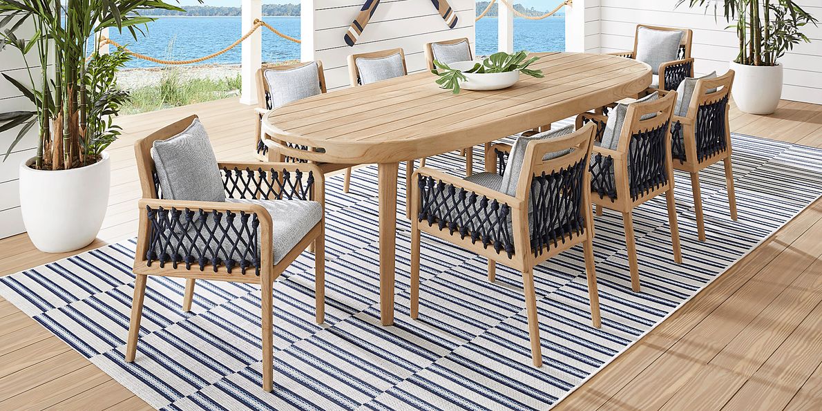 Riva 7 Pc Blonde Light Wood Slate Gray Teak Outdoor Dining Set With ...