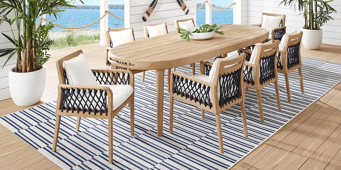 Riva 7 Pc Blonde Light Wood Slate Gray Teak Outdoor Dining Set With ...