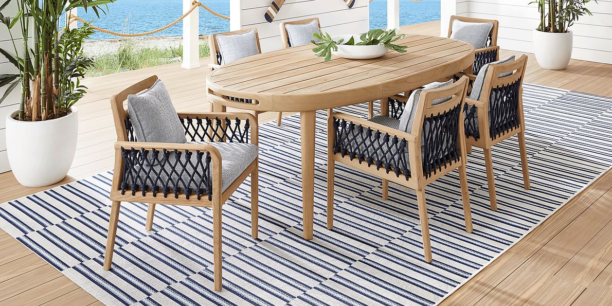 Riva 7 Pc Blonde Light Wood Slate Gray Teak Outdoor Dining Set With ...