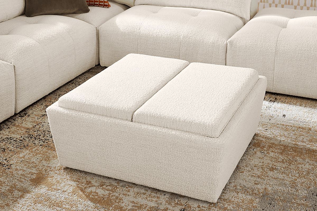 Rogan Place Off-White Beige,White Chenille Fabric Storage Ottoman ...