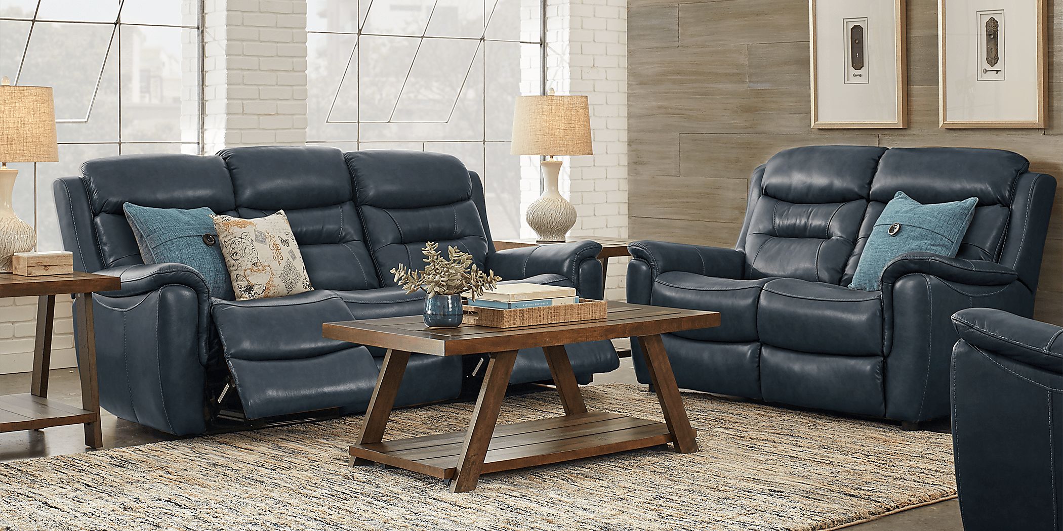Sabella 5 Pc Navy Blue Leather Living Room Set With Reclining Sofa ...