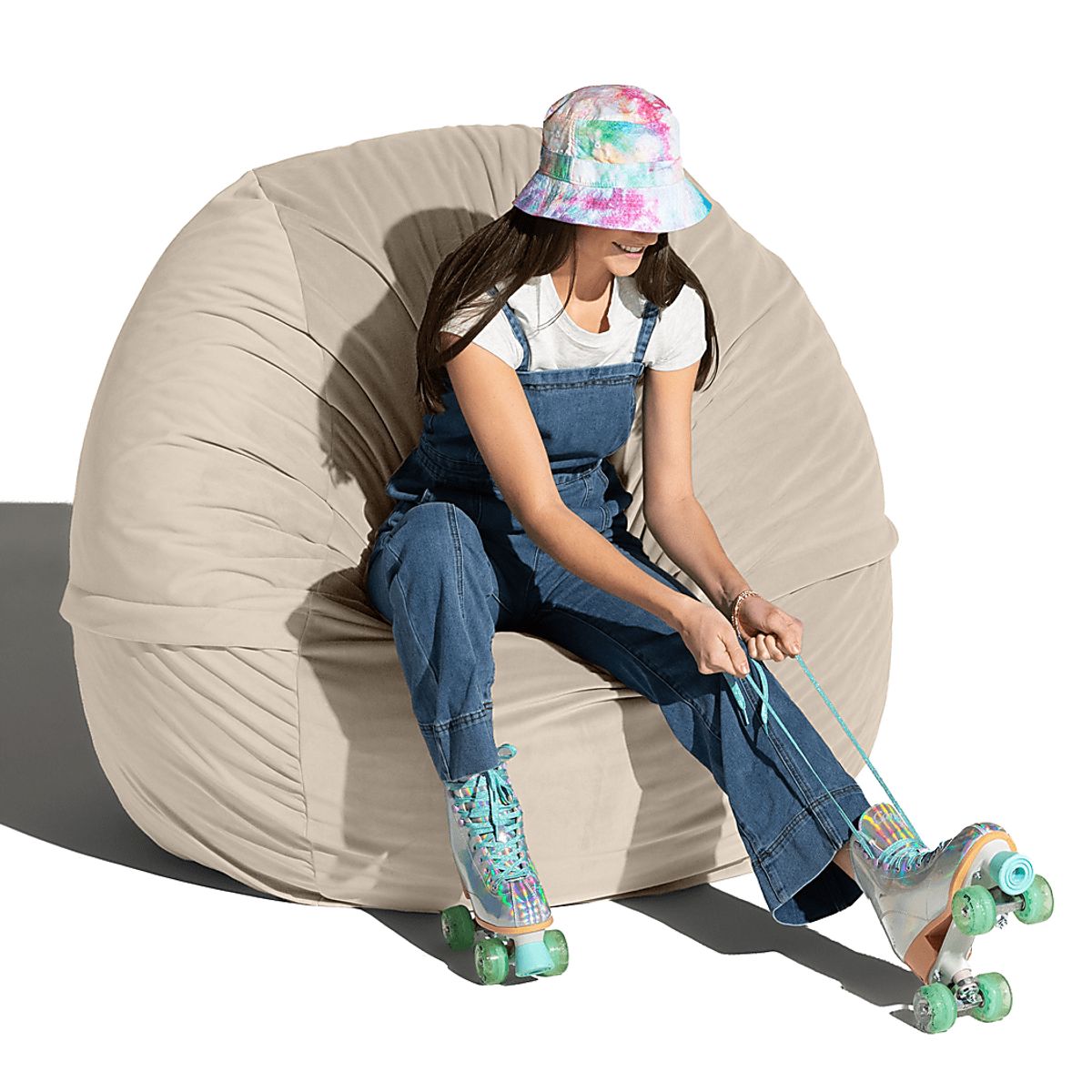 Savenu II Ivory Beige Velvet Plush Bean Bag Chair | Rooms to Go