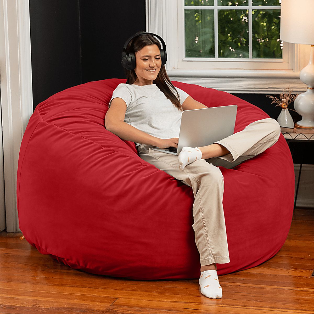 Savenu II Red Velvet Plush Bean Bag Chair | Rooms to Go