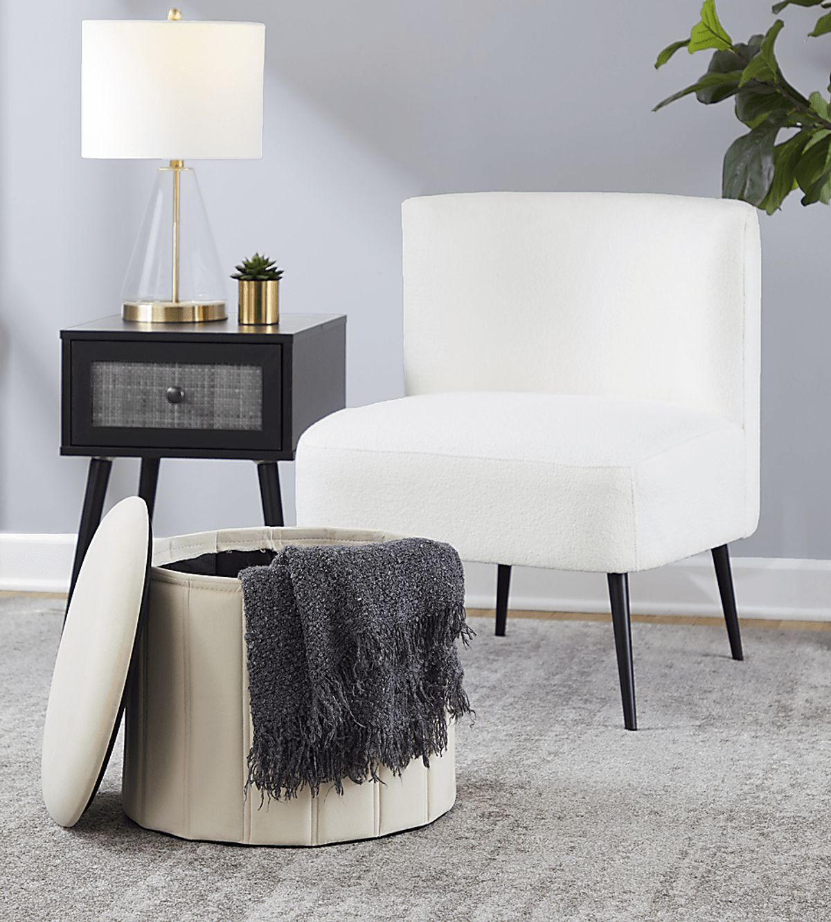 Sharynwood Cream Beige Velvet Plush Storage Ottoman | Rooms to Go