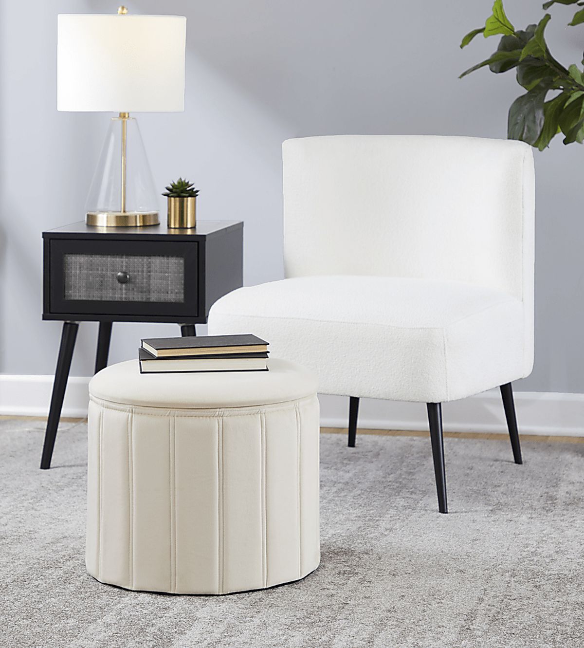 Sharynwood Cream Beige Velvet Plush Storage Ottoman | Rooms to Go