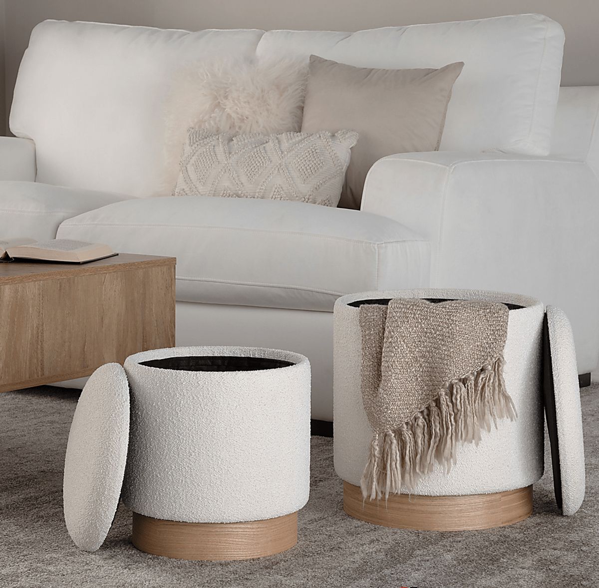 Shimoore Cream Beige Polyester Fabric Nesting Ottoman, Set Of 2 | Rooms ...