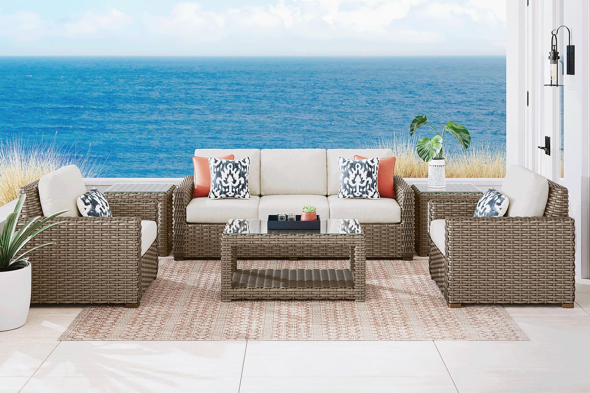 Siesta Key 4 Pc Driftwood Light Wood Desert Yellow Wicker Outdoor Seating Set With Chair, Sofa ...