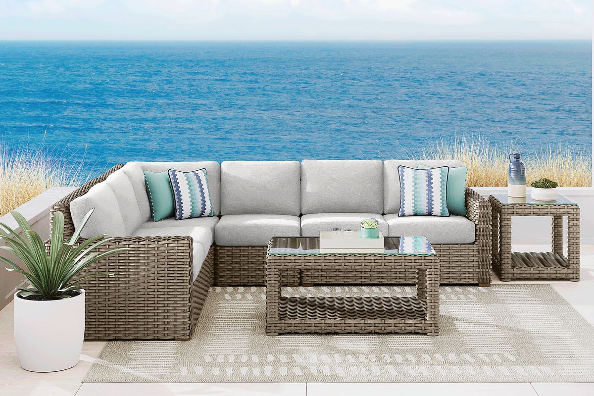 Siesta Key Driftwood Light Wood Dove Beige,Gray Wicker Outdoor 4 Pc Sectional | Rooms to Go