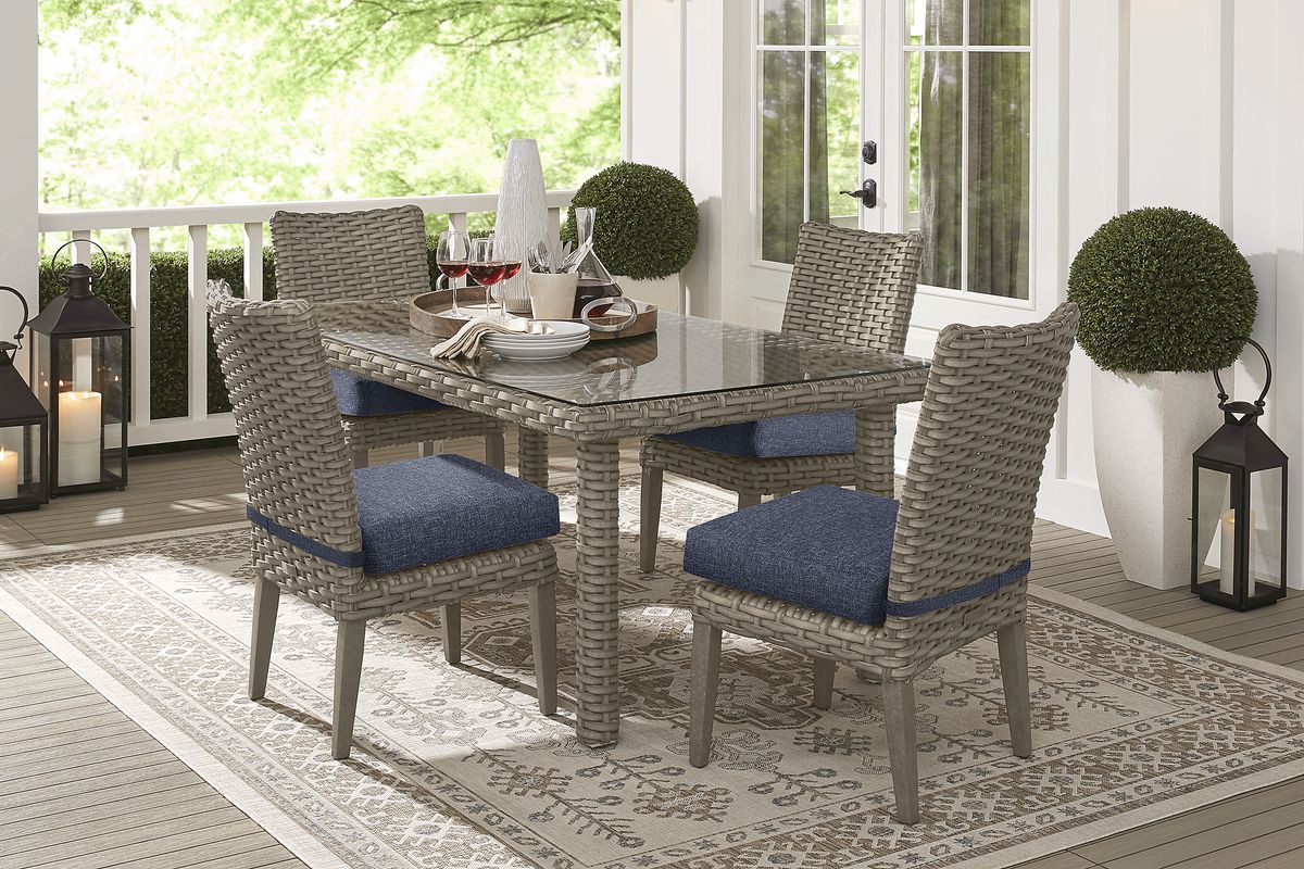 Siesta Key 5 Pc Driftwood Light Wood Ink Blue Wicker Outdoor Dining Set With Rectangle Dining ...