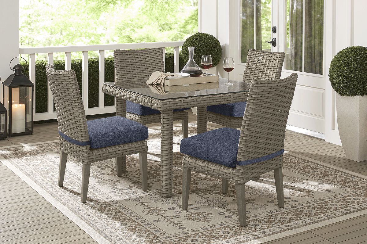 Siesta Key 5 Pc Driftwood Light Wood Ink Blue Wicker Outdoor Dining Set With Side Chair, Square ...