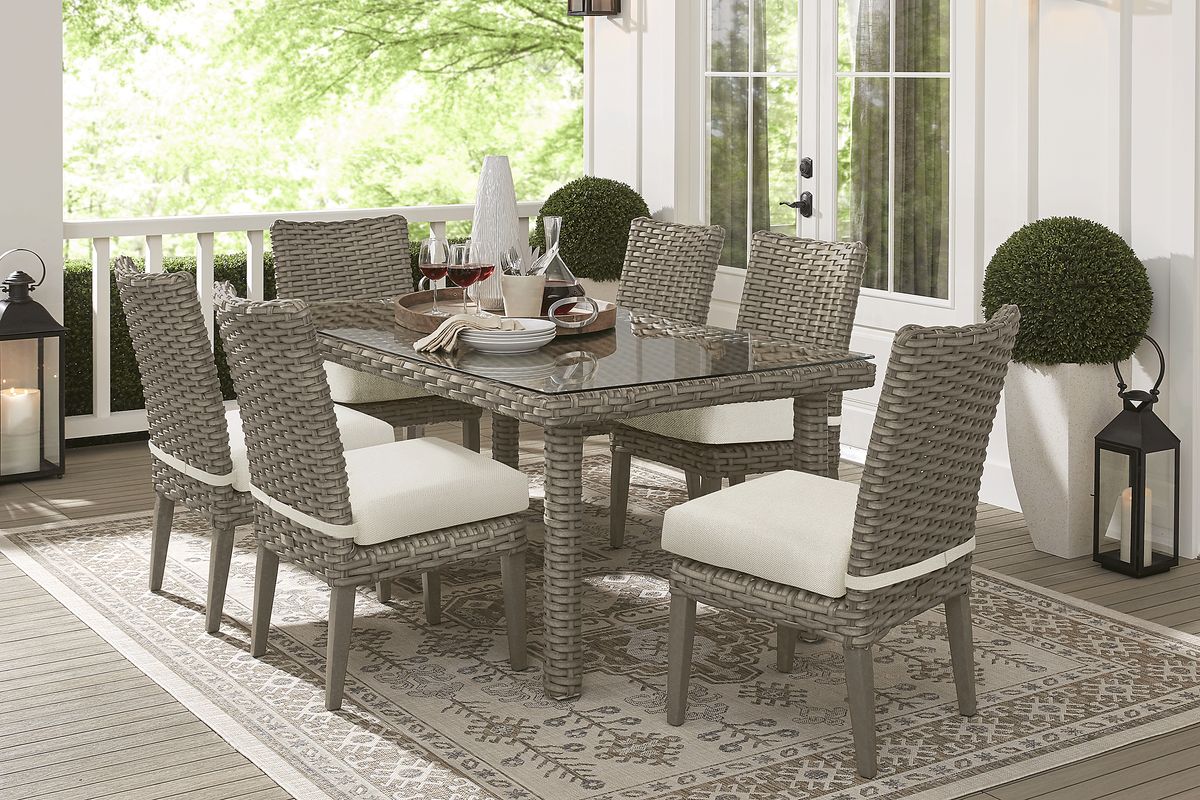 Siesta Key 7 Pc Driftwood Light Wood Desert Yellow Wicker Outdoor Dining Set With Rectangle ...