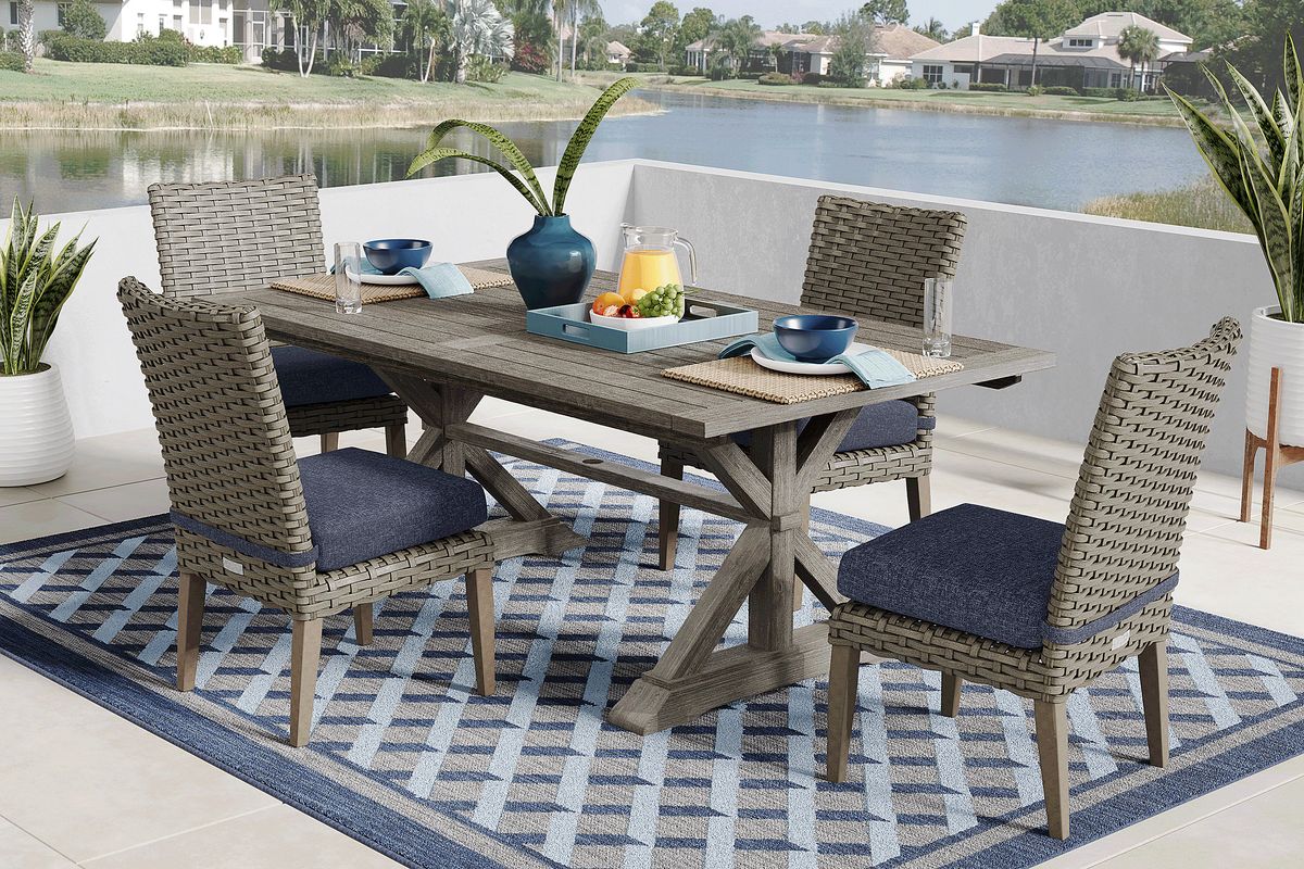 Siesta Key 5 Pc Gray Ink Blue Wood Outdoor Dining Set With 76 In ...