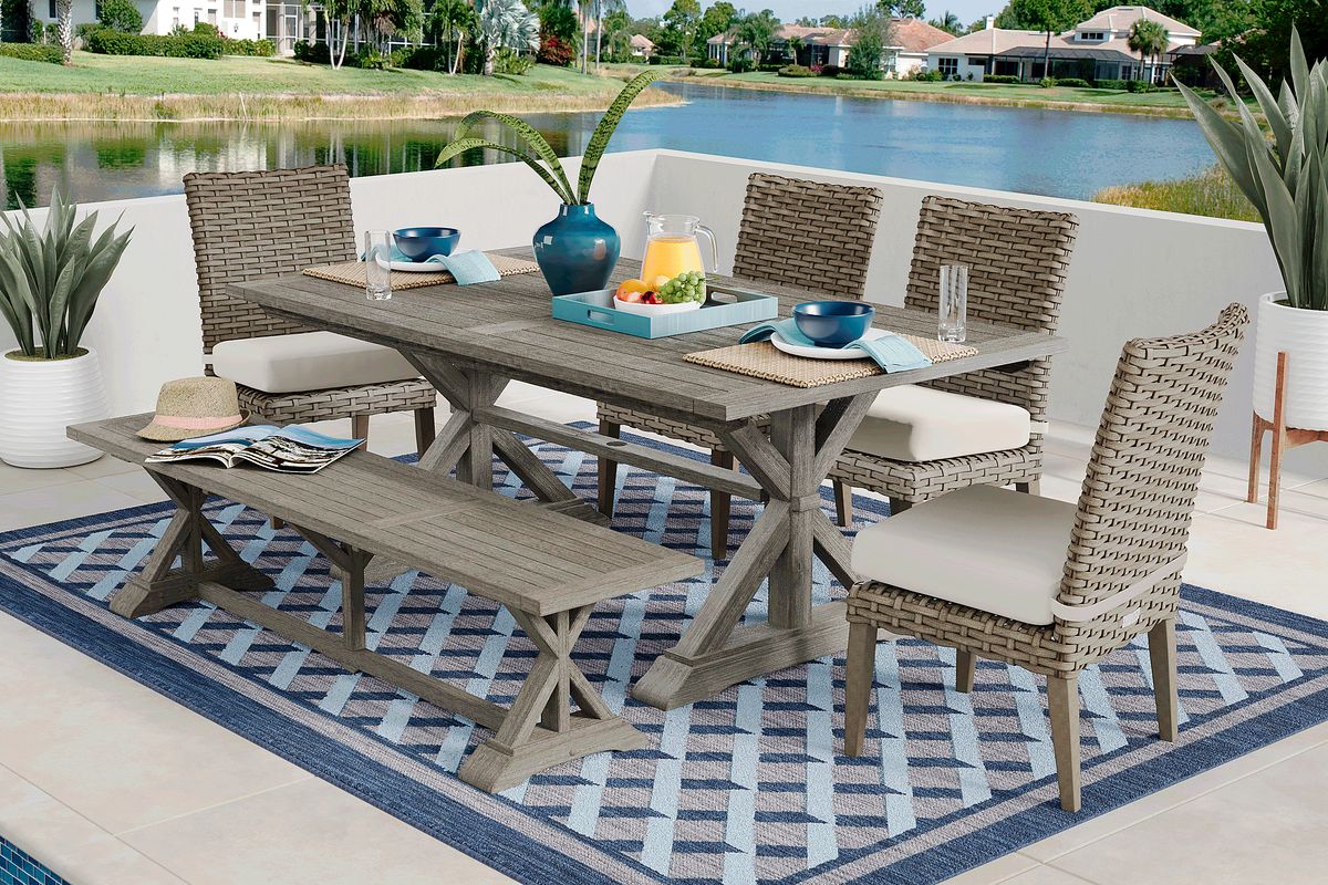 Siesta Key 6 Pc Gray Linen Beige Wood Outdoor Dining Set With 76 In ...