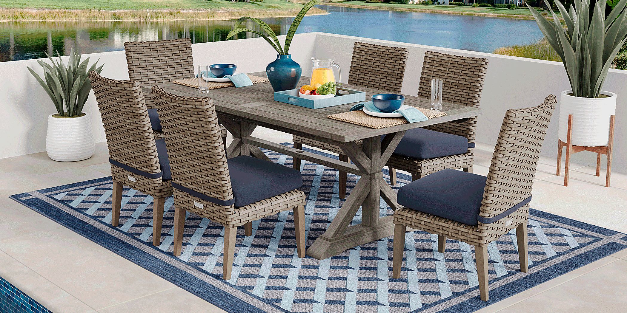 Siesta Key 7 Pc Gray Indigo Blue Wood Outdoor Dining Set With 76 In ...