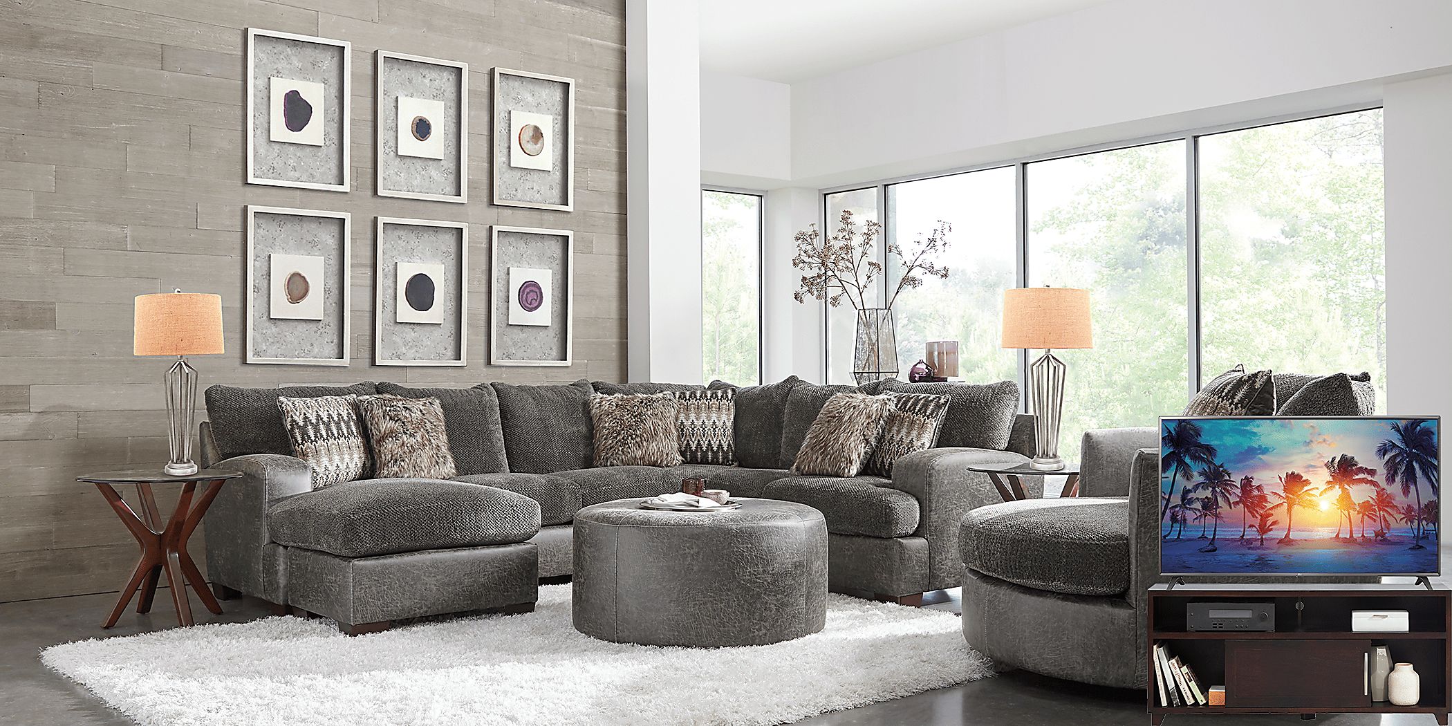 Skyline Park 6 Pc Gray Textured Living Room Set With 2 Pc Left Arm Chaise Sectional Cocktail Ottoman End Table Console 70 In. Led Smart Tv Lamp Rooms to Go