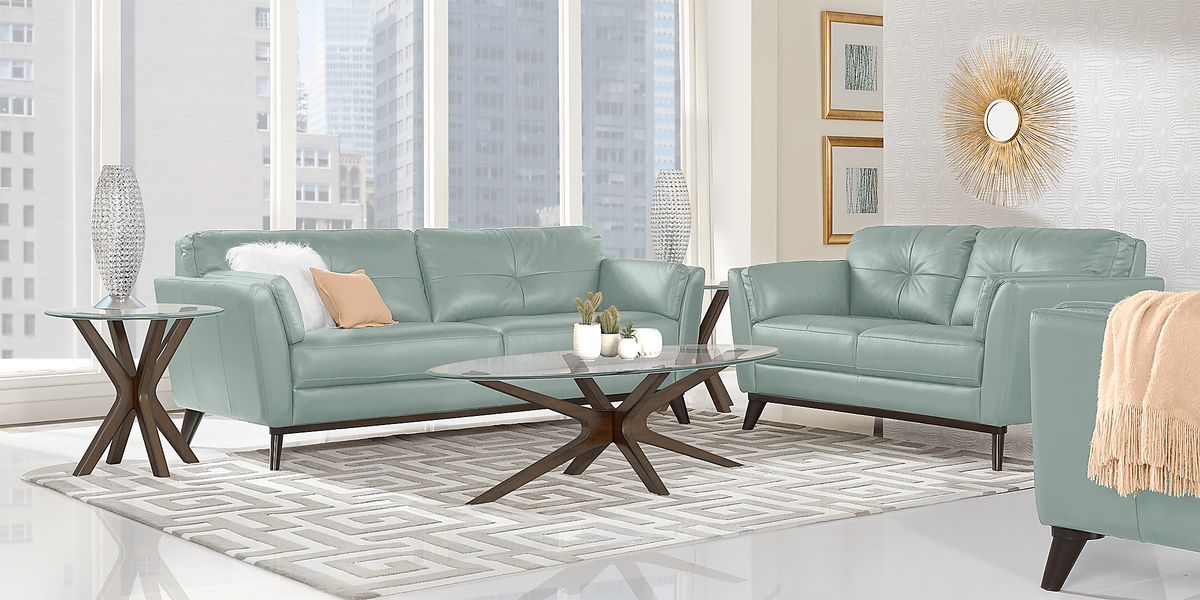 Sofia Vergara Gabriele 5 Pc Spa Blue Leather Living Room Set With Sofa, Loveseat, 3 Pc Table Set ...