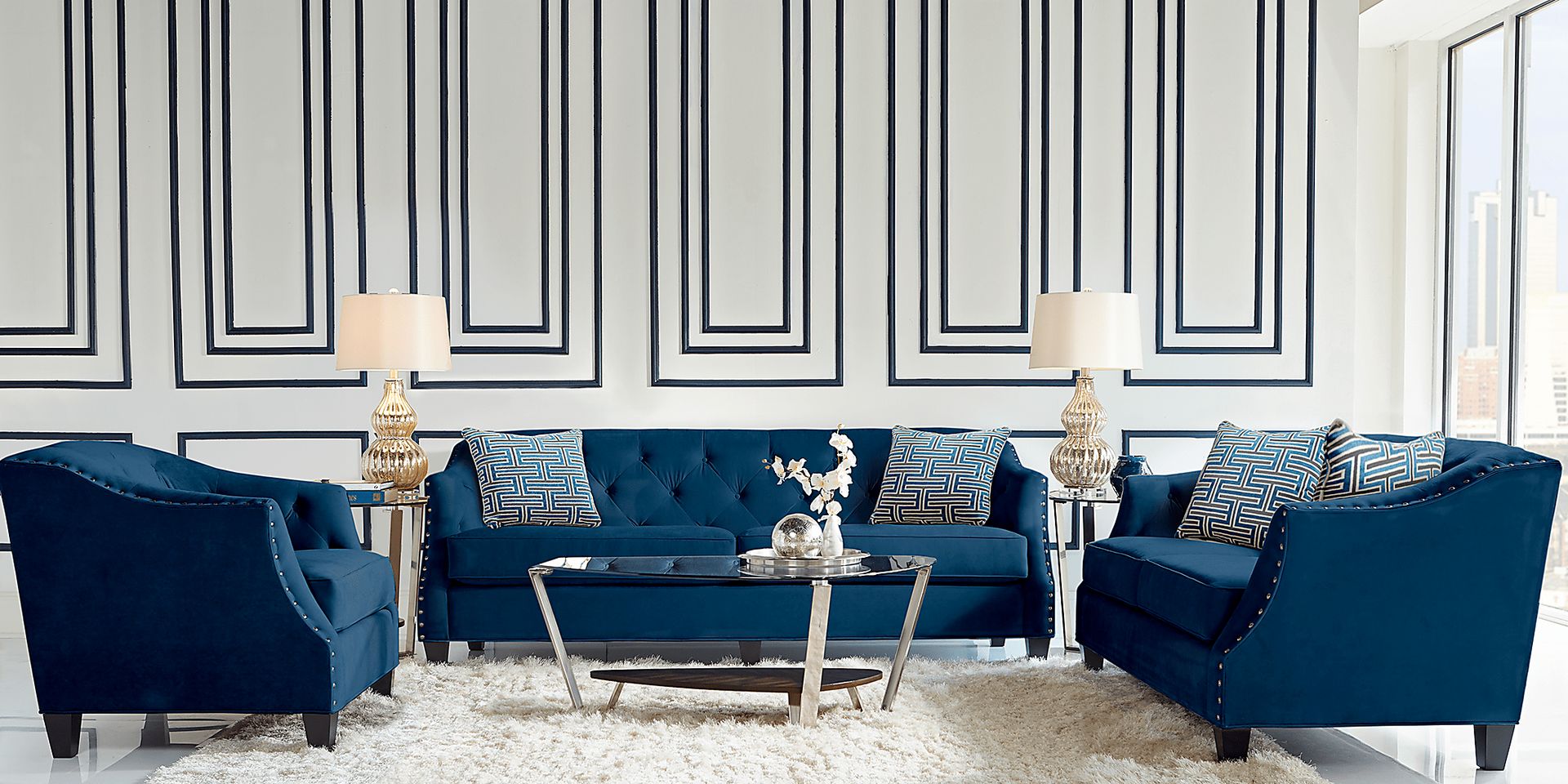 Sofia Vergara Monaco Court 7 Pc Navy Blue Polyester Fabric Living Room ...