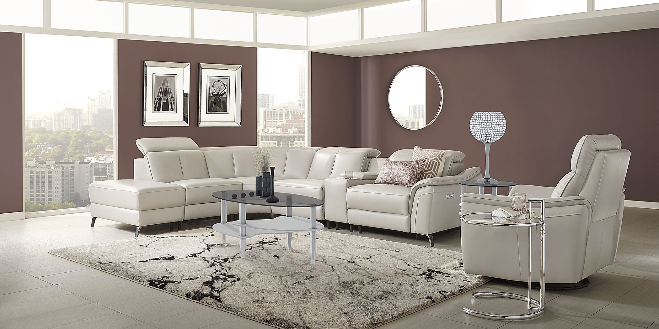 Naples Light Gray Leather 6 Pc Dual Power Reclining Sectional - Rooms To Go