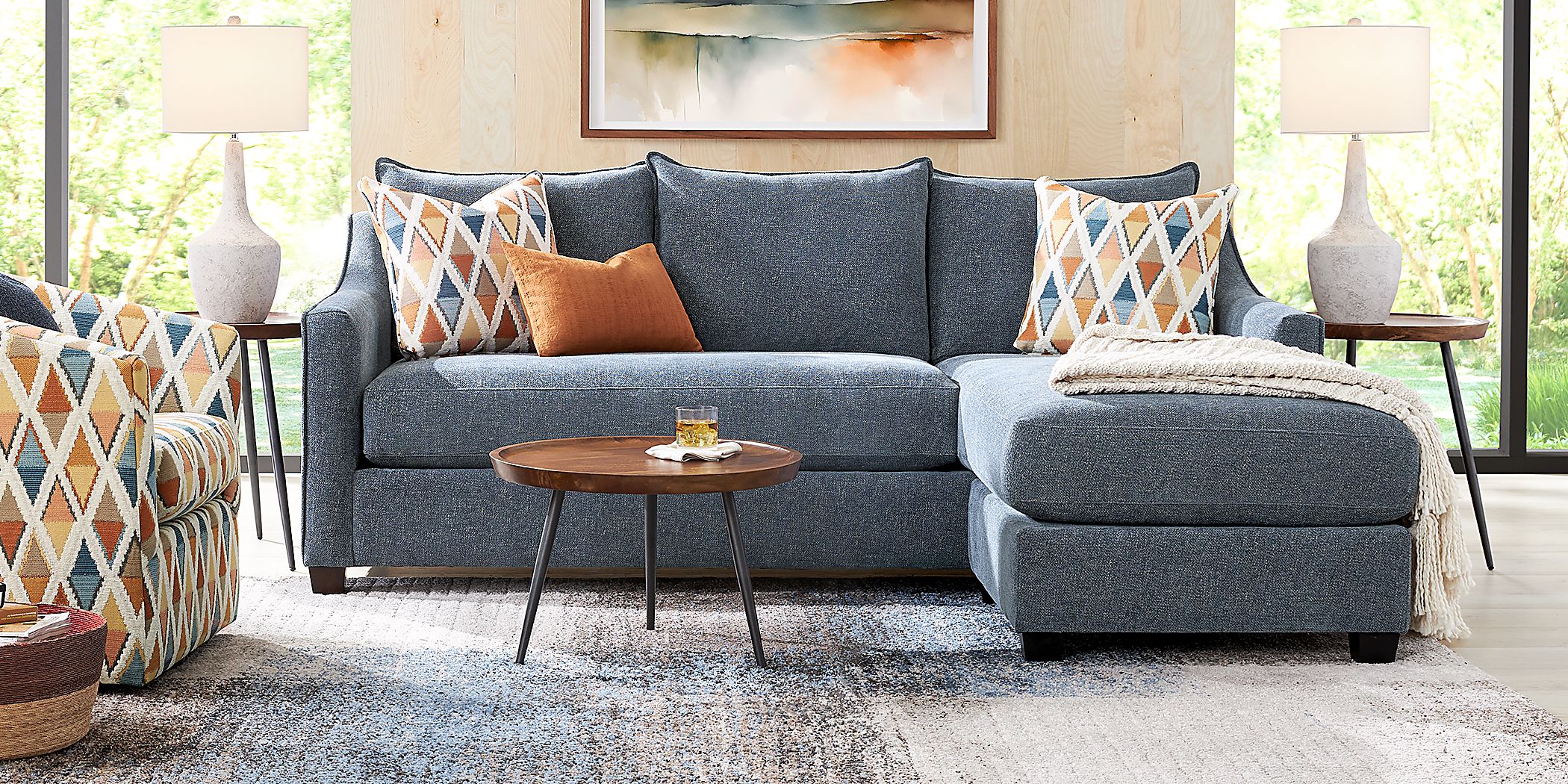 Cindy Crawford Soho Place Navy Blue Chenille Fabric Chaise Sofa | Rooms ...