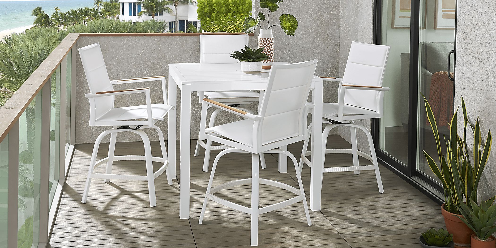 Solana White 5 Pc Outdoor Balcony Dining Set with Swivel Stools - Rooms ...