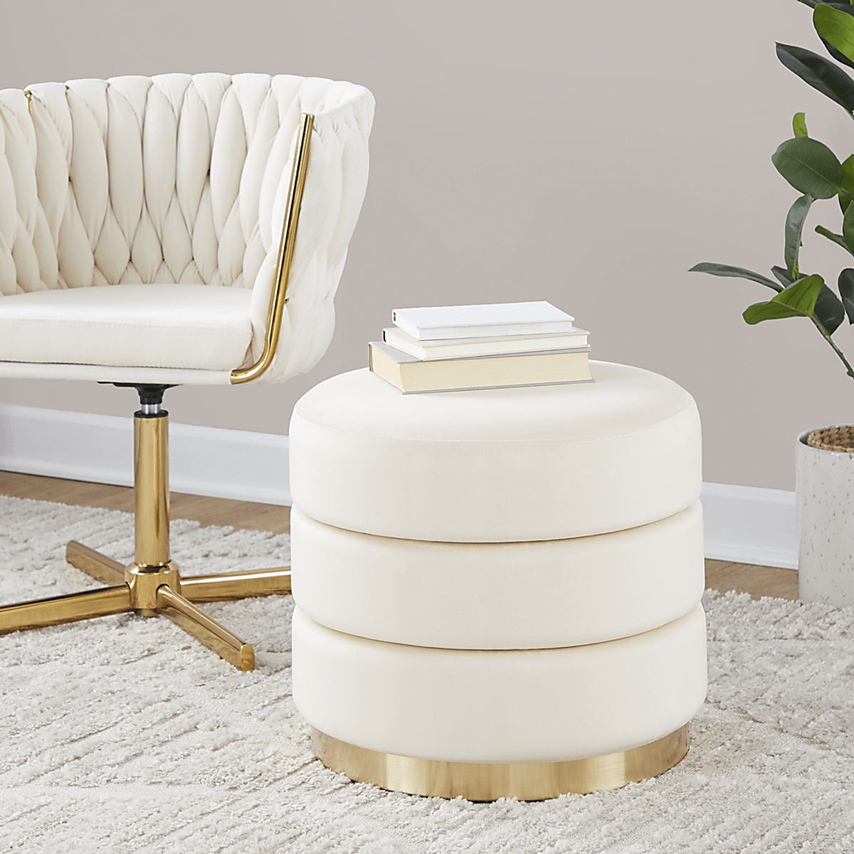 Sorbonne Cream Beige Velvet Plush Ottoman | Rooms to Go