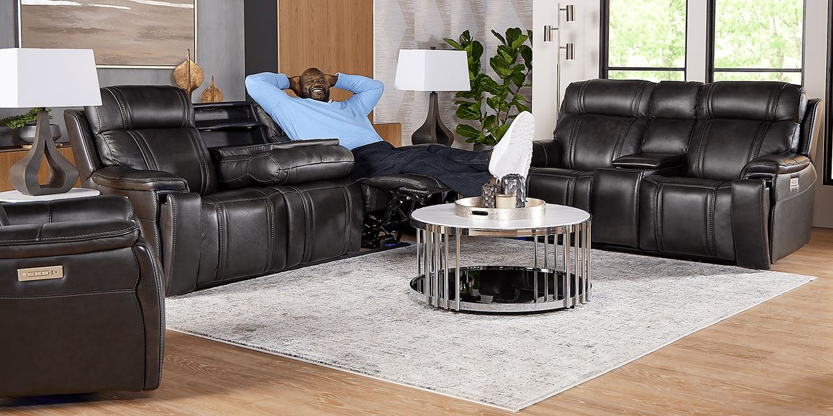 Shaq Sound Tech Black Leather Triple Power Reclining Sofa | Rooms to Go