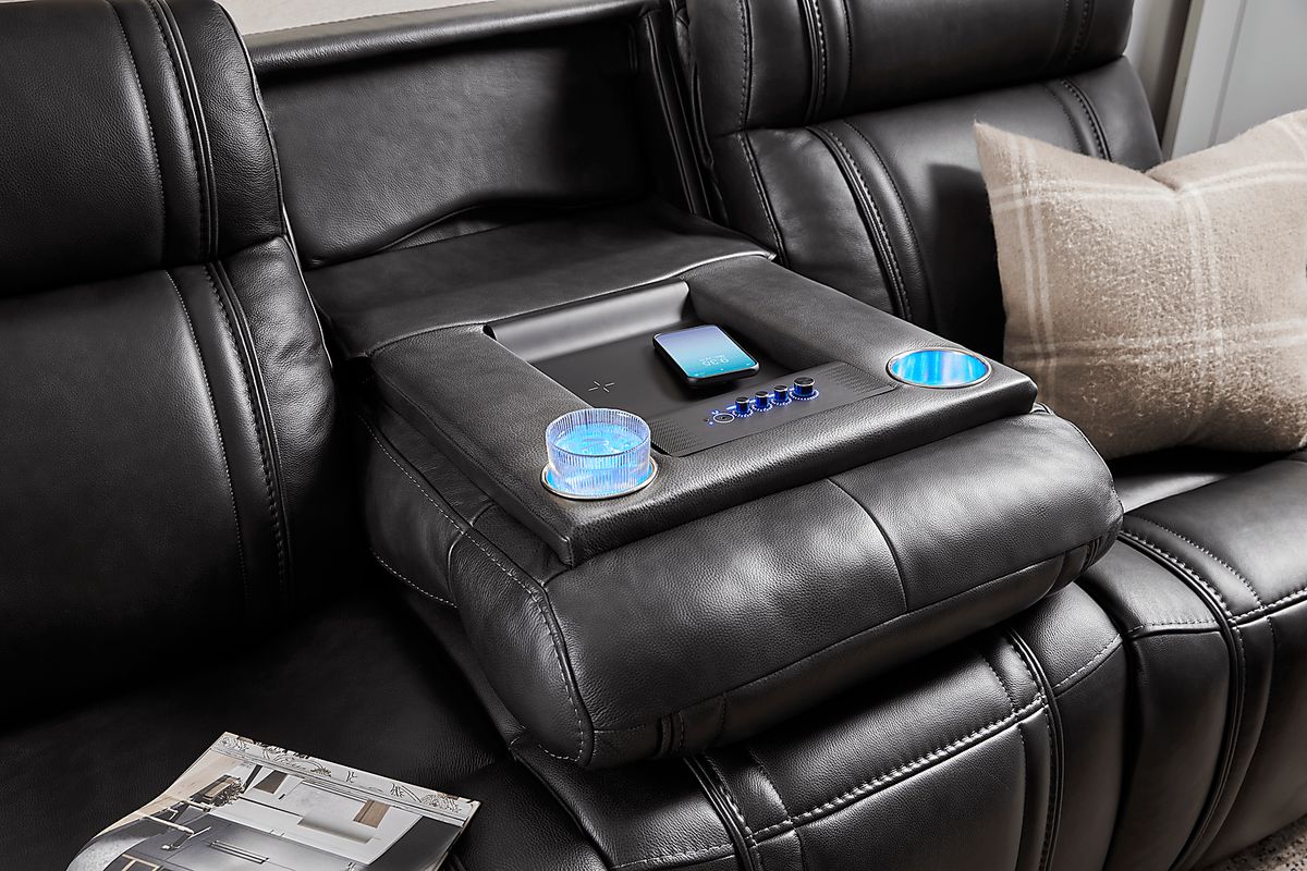 Sound Tech Black Leather Triple Power Reclining Sofa | Rooms to Go