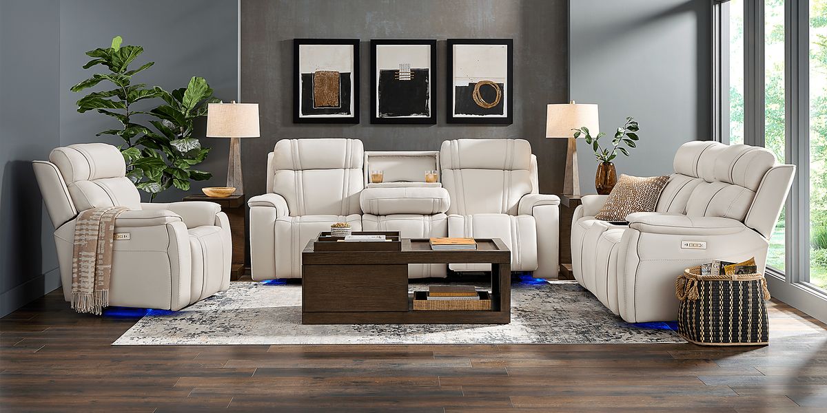 Sound Tech Ice White Leather Triple Power Reclining Sofa | Rooms to Go