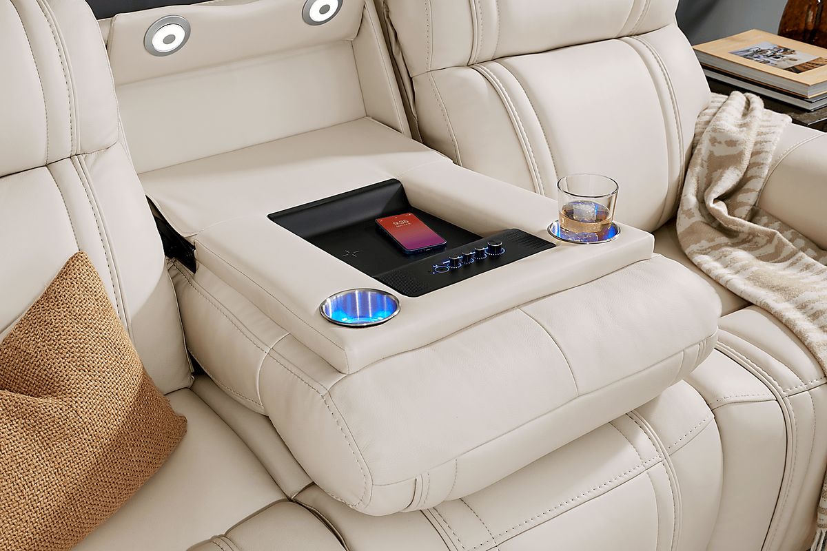 Sound Tech Ice White Leather Triple Power Reclining Sofa | Rooms to Go