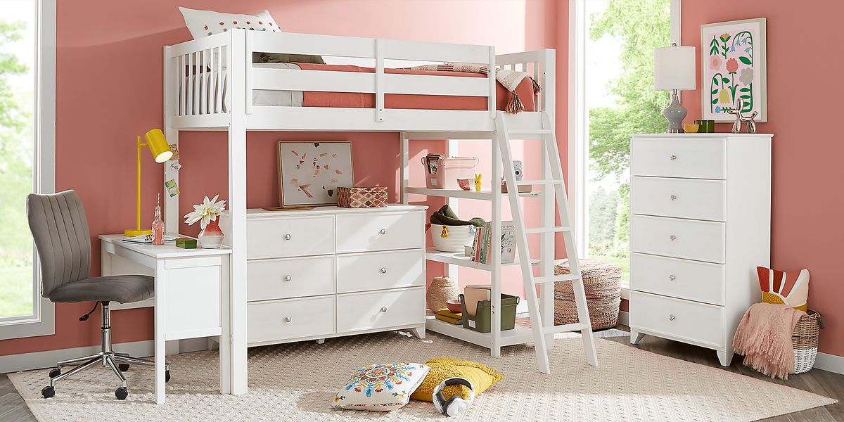 Springtown 5 Pc White Wash Bunk Bed Set With 4 Pc Twin Loft Bed, Dresser | Rooms to Go