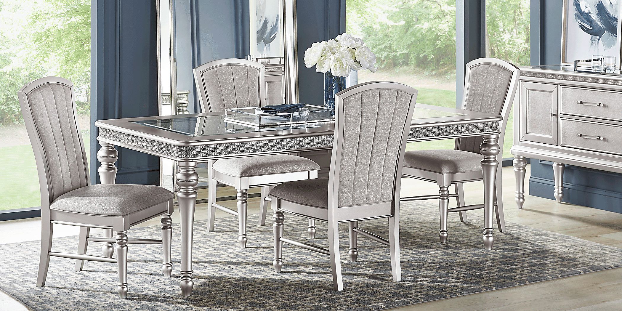 Silver dining table and chairs store