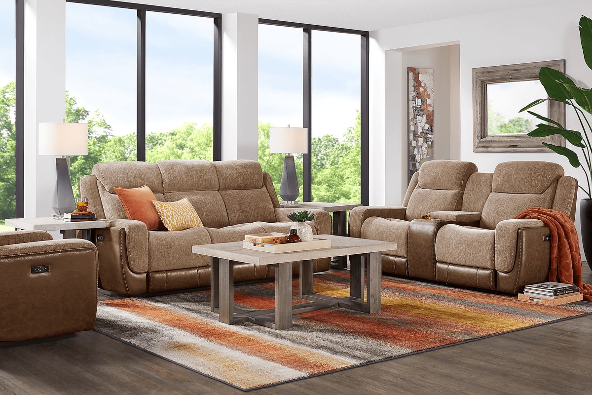 State Street 2 Pc Camel Brown Chenille Fabric Dual Power Reclining ...