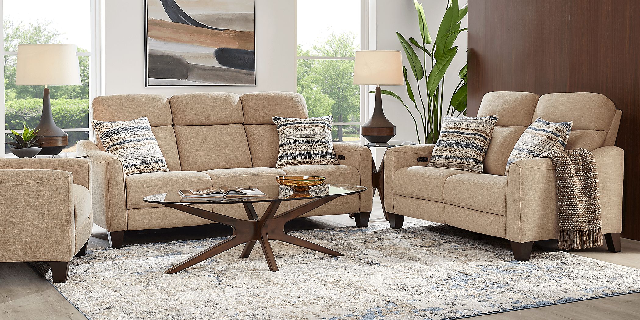 Stonecrest 2 Pc Camel Brown Chenille Fabric Dual Power Reclining Living ...