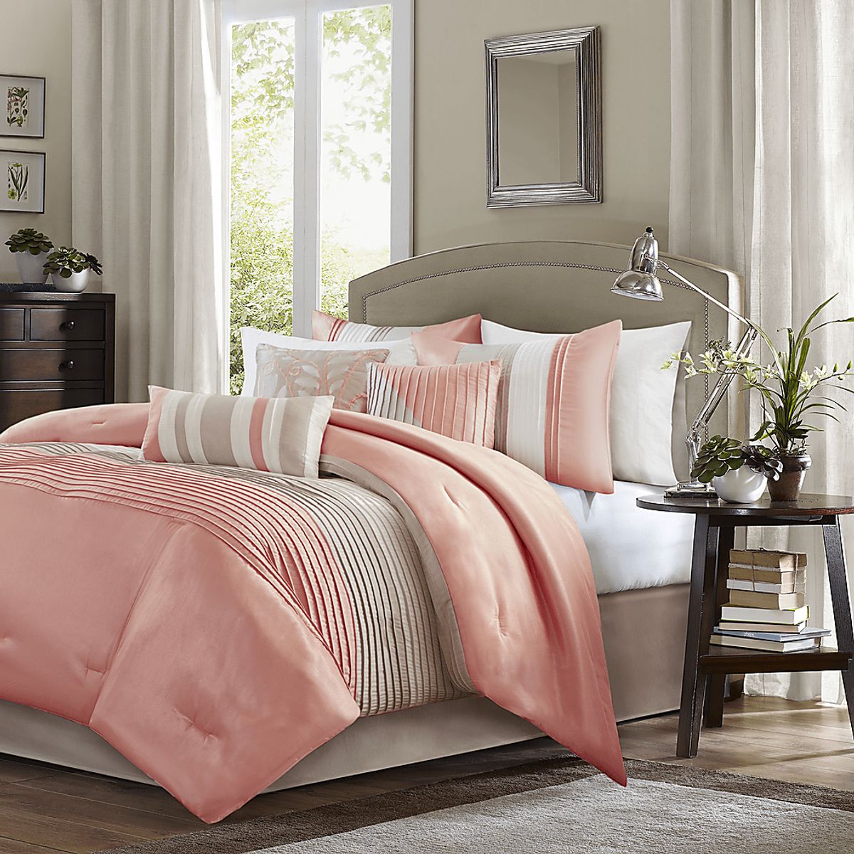 Sunayra Coral Orange Cotton,Polyester Fabric 7 Pc Queen Comforter Set ...