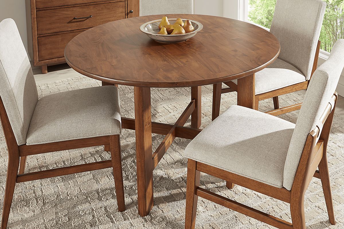 Surrey Ellis 5 Pc Brown Dark Wood Beige Dining Room Set With Round ...