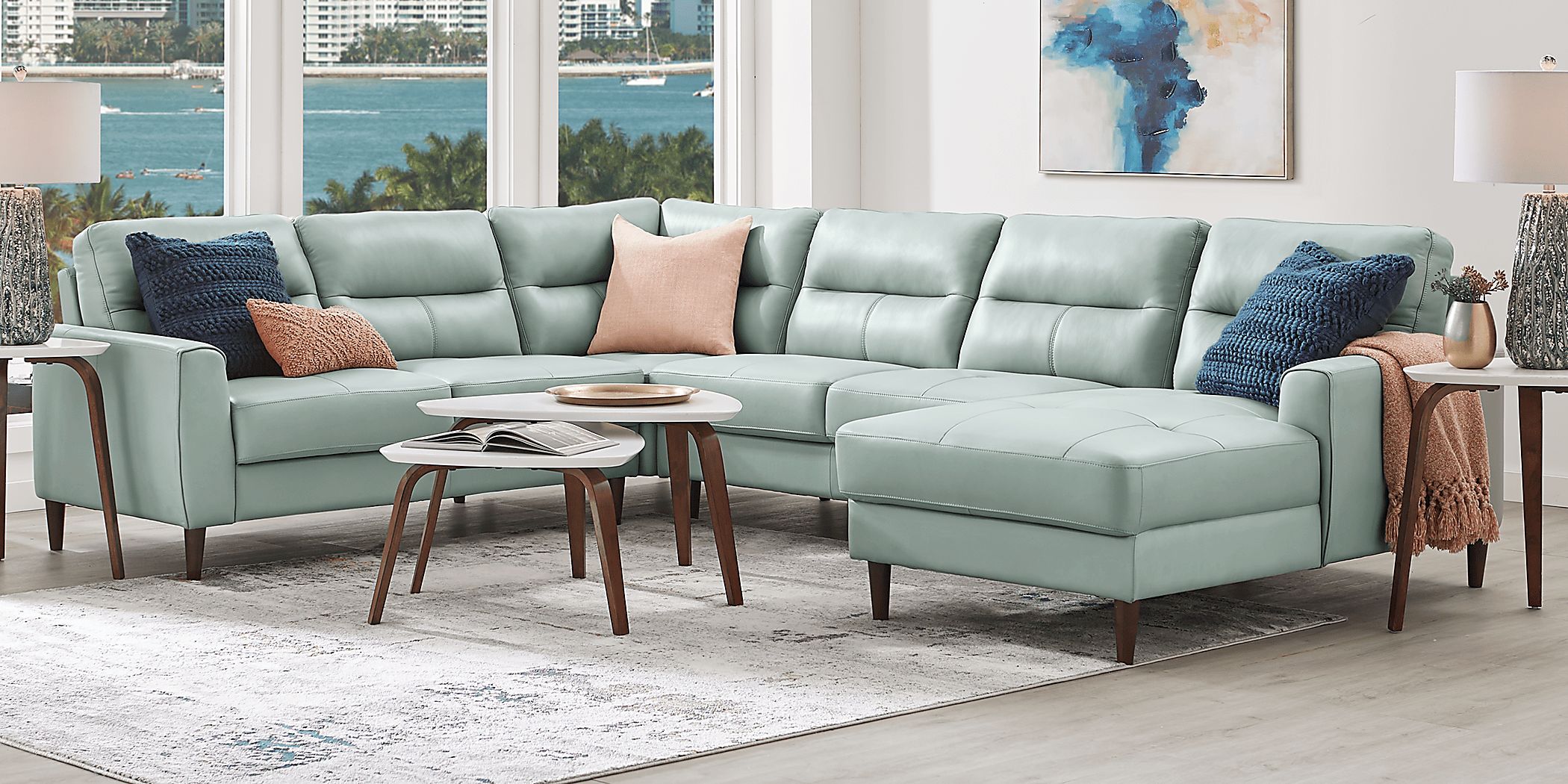 Sutton Heights Aqua Blue Leather 4 Pc With Chaise Right Arm Sectional | Rooms to Go