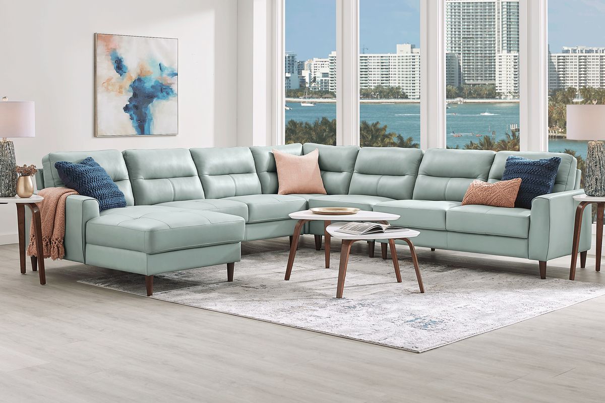 Sutton Heights Aqua Blue Leather 5 Pc With Chaise Left Arm Sectional | Rooms to Go