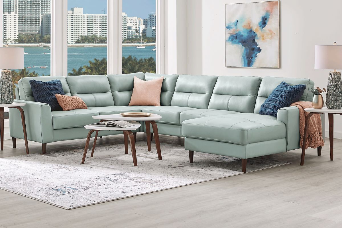 Sutton Heights 7 Pc Aqua Blue Leather Living Room Set With 4 Pc Right Arm Chaise Sectional ...