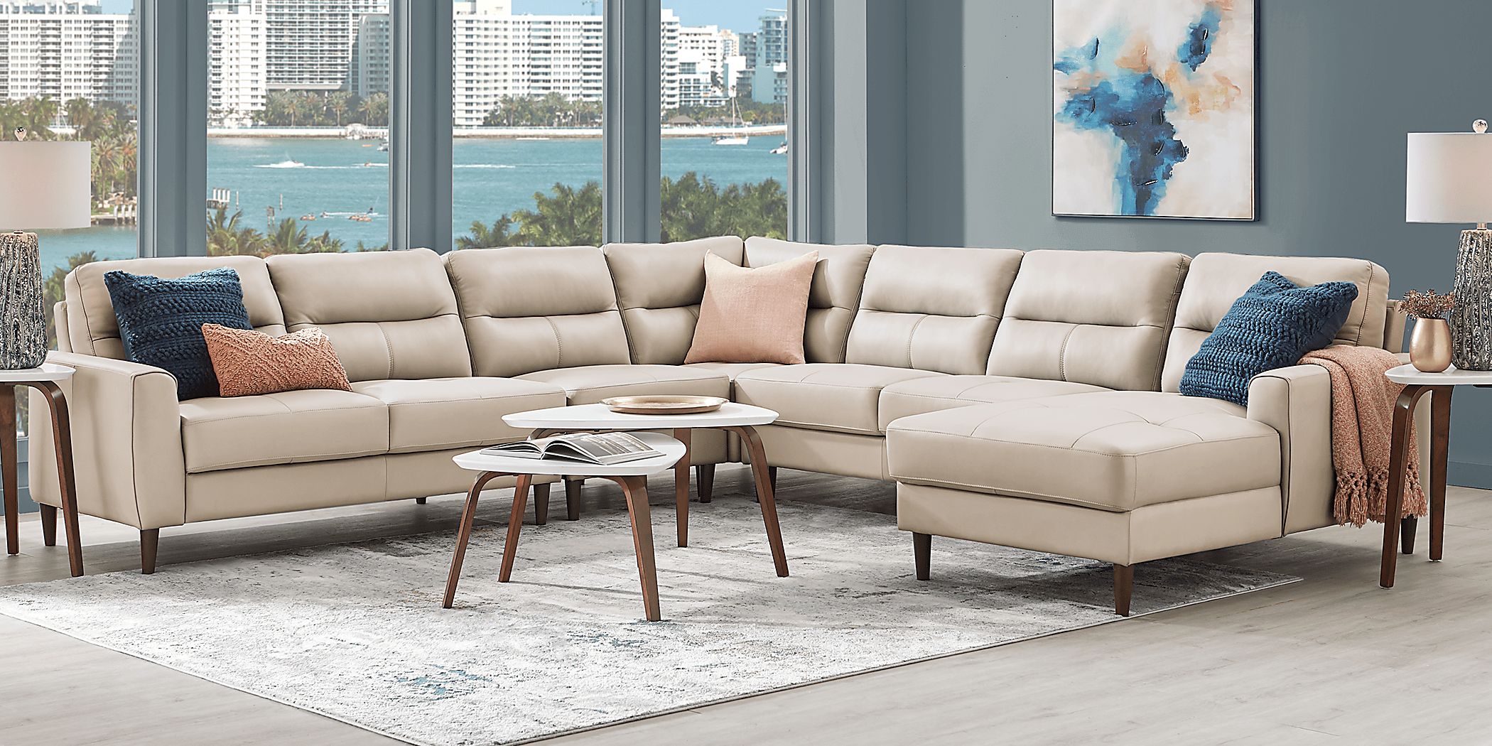Sutton Heights Beige Leather 5 Pc With Chaise Right Arm Sectional | Rooms to Go