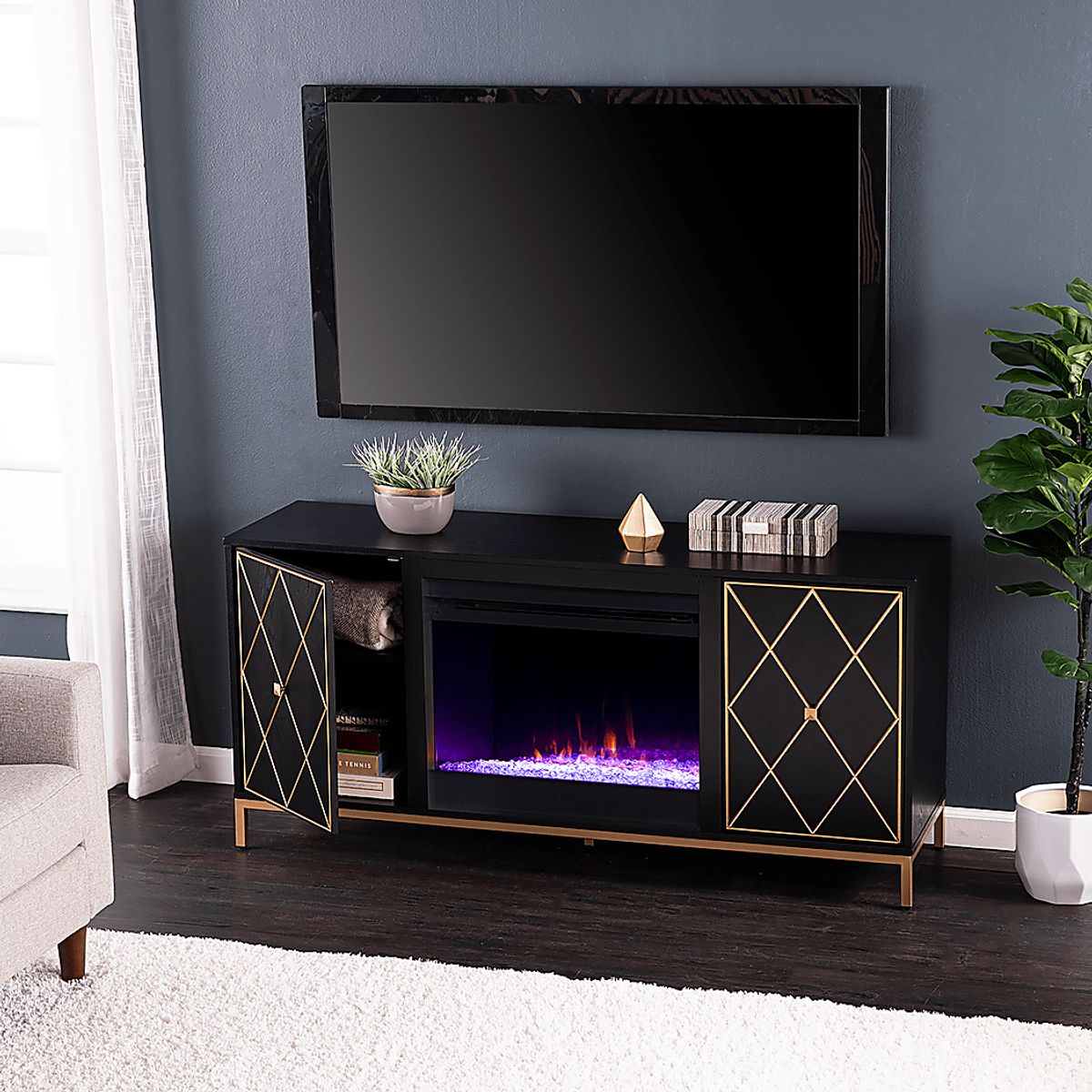 Tattershal I Black Black,Colors 58" Console, With Electric Fireplace | Rooms to Go