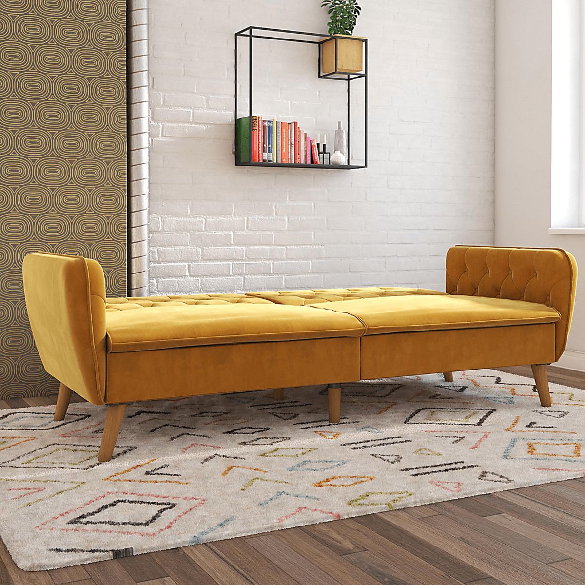 Telora II Mustard Yellow Velvet Plush Futon | Rooms to Go