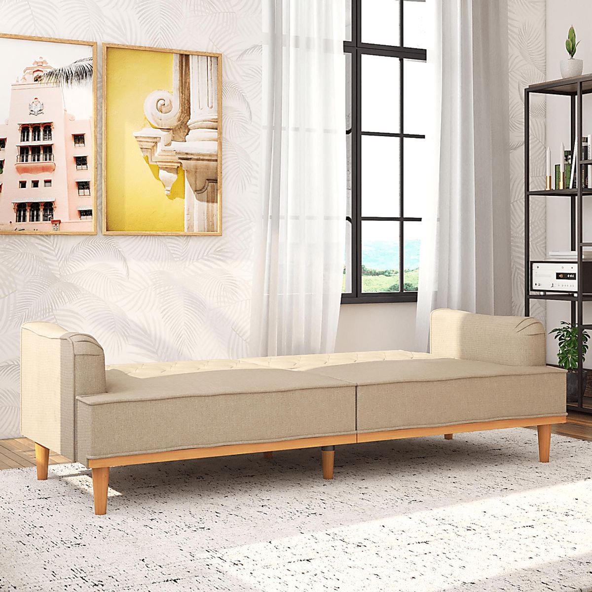 Telyx Tan Beige,Brown Linen Fabric Futon | Rooms to Go