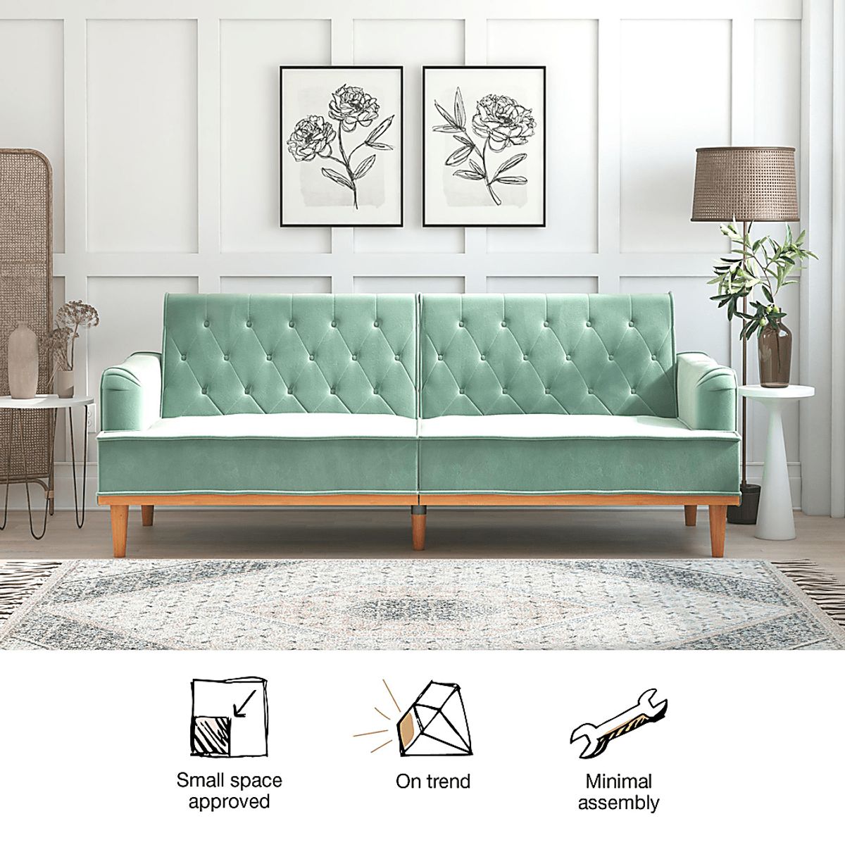 Telyx Teal Blue,Green Velvet Plush Futon | Rooms to Go