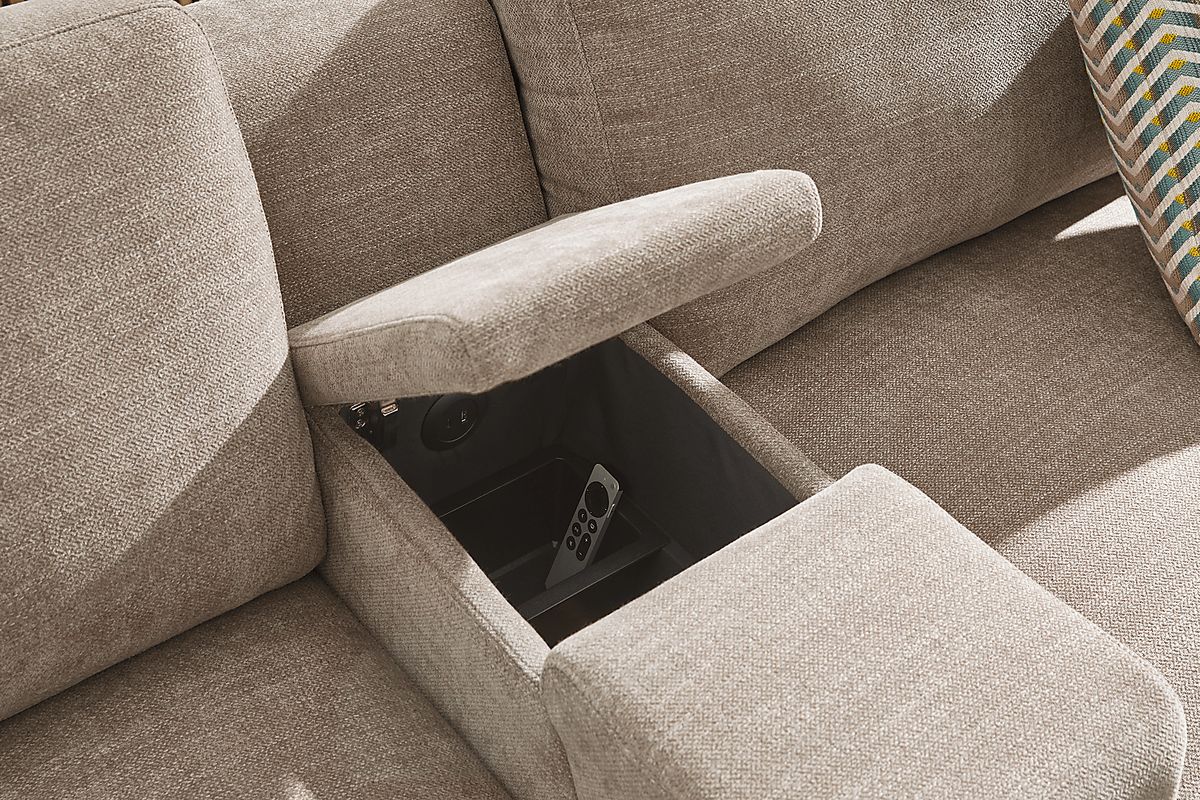 Tempo Modular Beige Chenille Fabric 6pc 6 Pc Sectional With Media ...