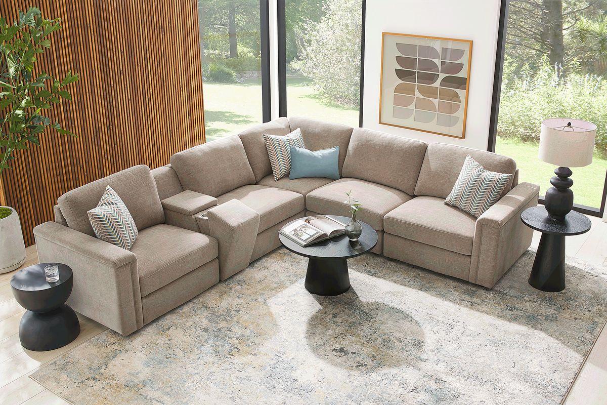 Tempo Modular Beige Chenille Fabric 6pc 6 Pc Sectional With Media Console | Rooms to Go