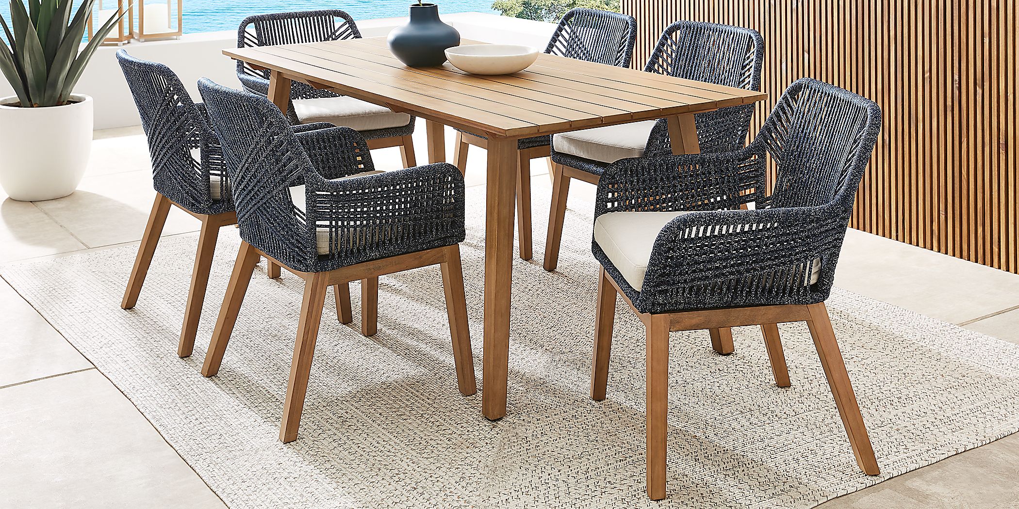 Tessere 7 Pc Natural Light Wood Blue Outdoor Dining Set With Rectangle ...